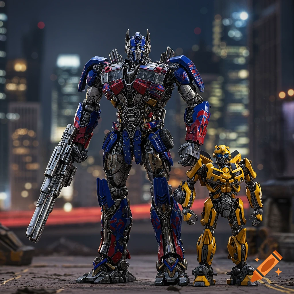 Optimus Prime stands on a rocky planet with futuristic structures and ...