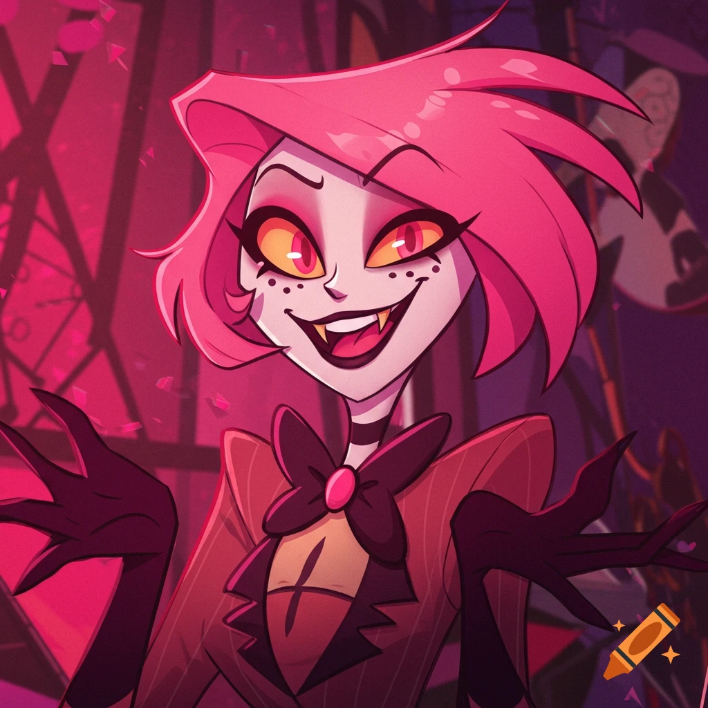 A stylized image of a character with long red hair, sharp teeth, and ...