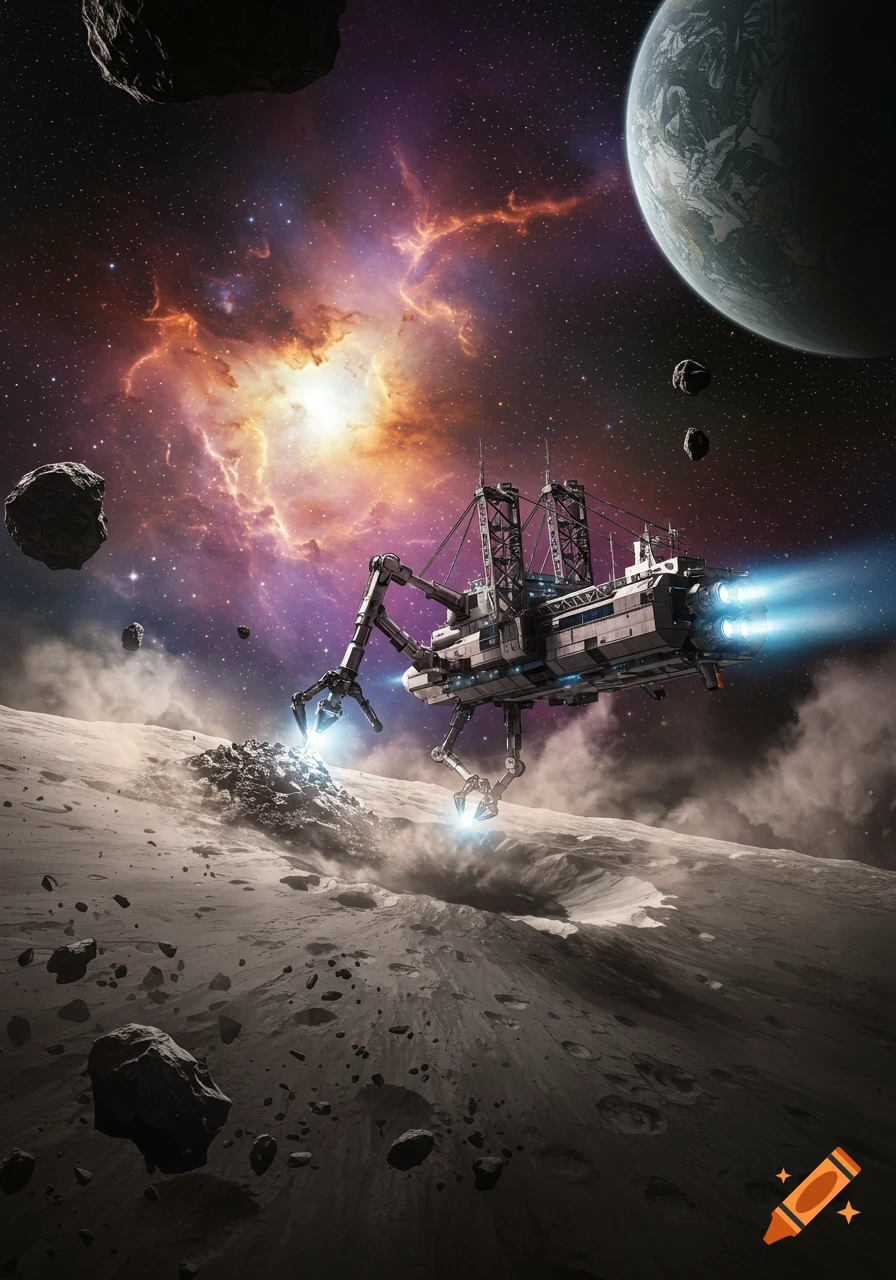 Two astronauts fix equipment on the moon while armed figures approach ...