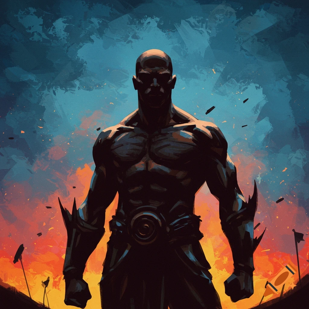 Stylized image of a muscular bald man silhouette against a fiery sky ...