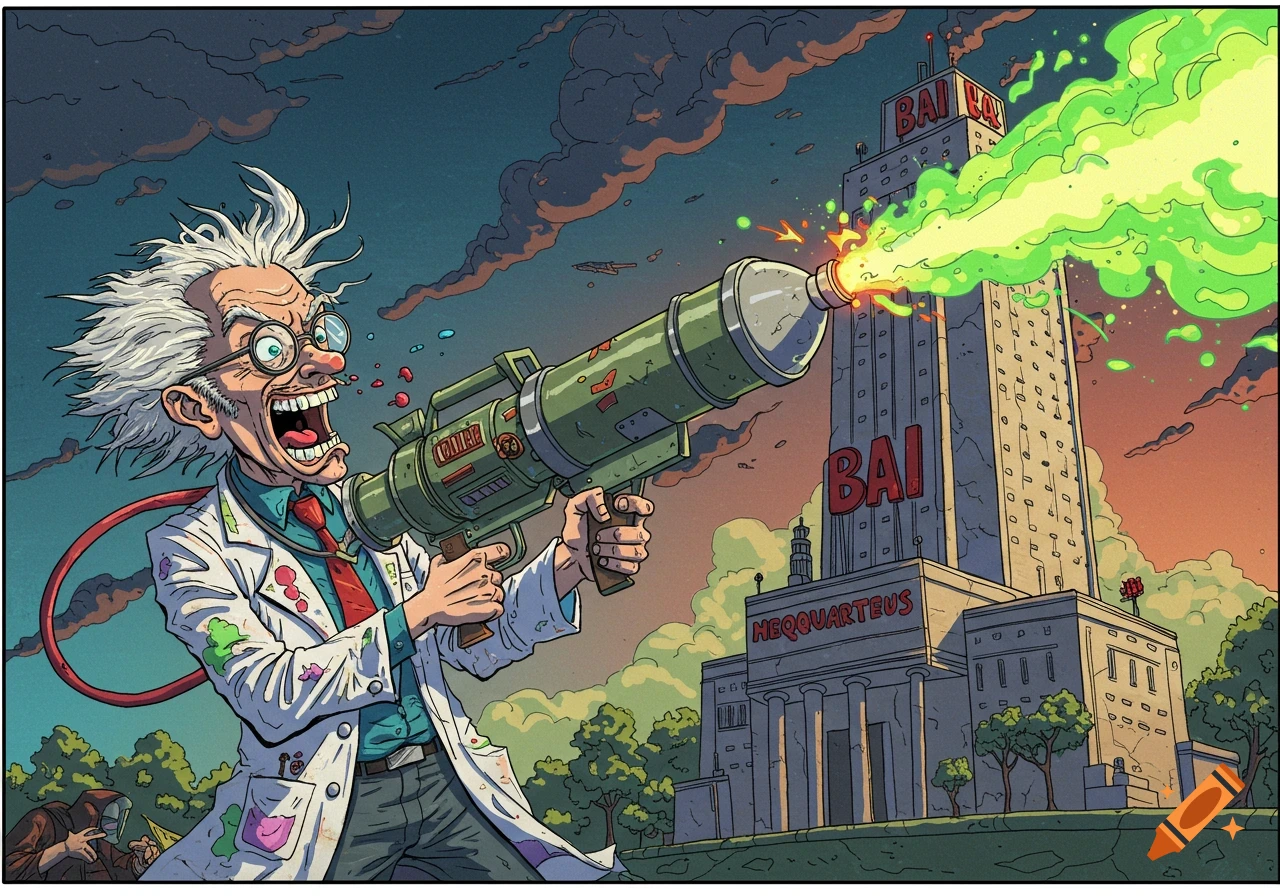 Cartoon mad scientist shoots a green ray gun at the Bai HQ building in ...