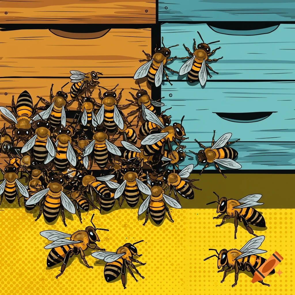 Illustration of a honey bee flying near a wooden beehive and pink ...