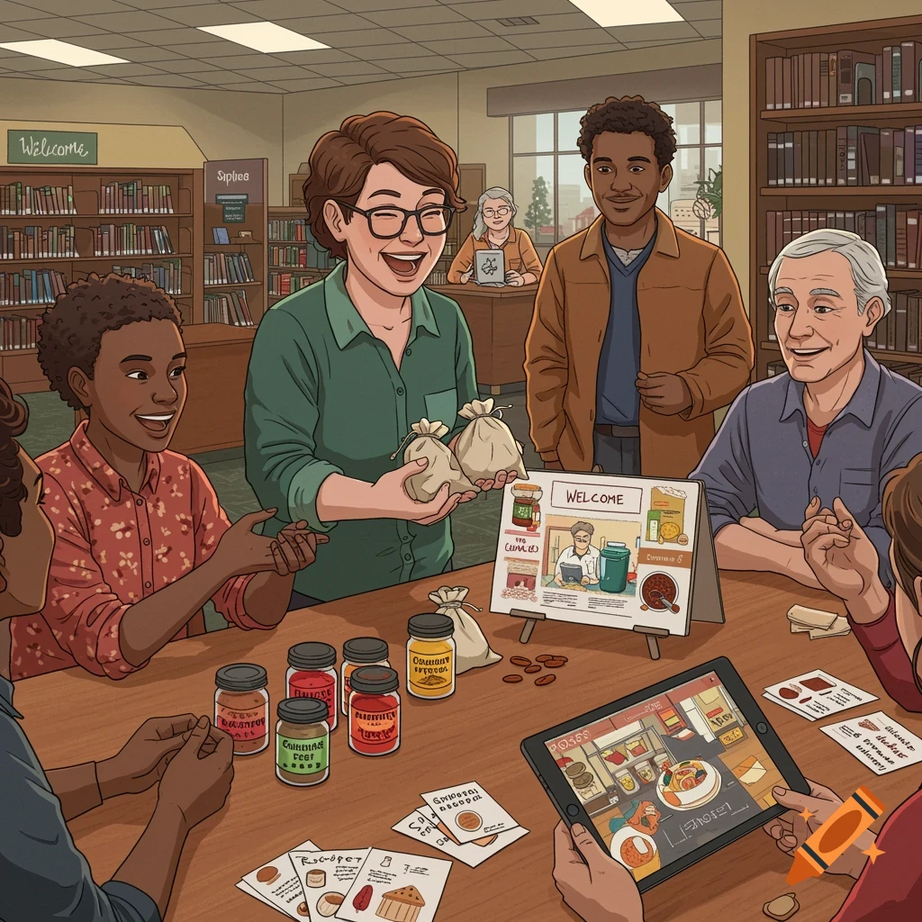 Digital illustration of a librarian handing spice bags to patrons at a ...