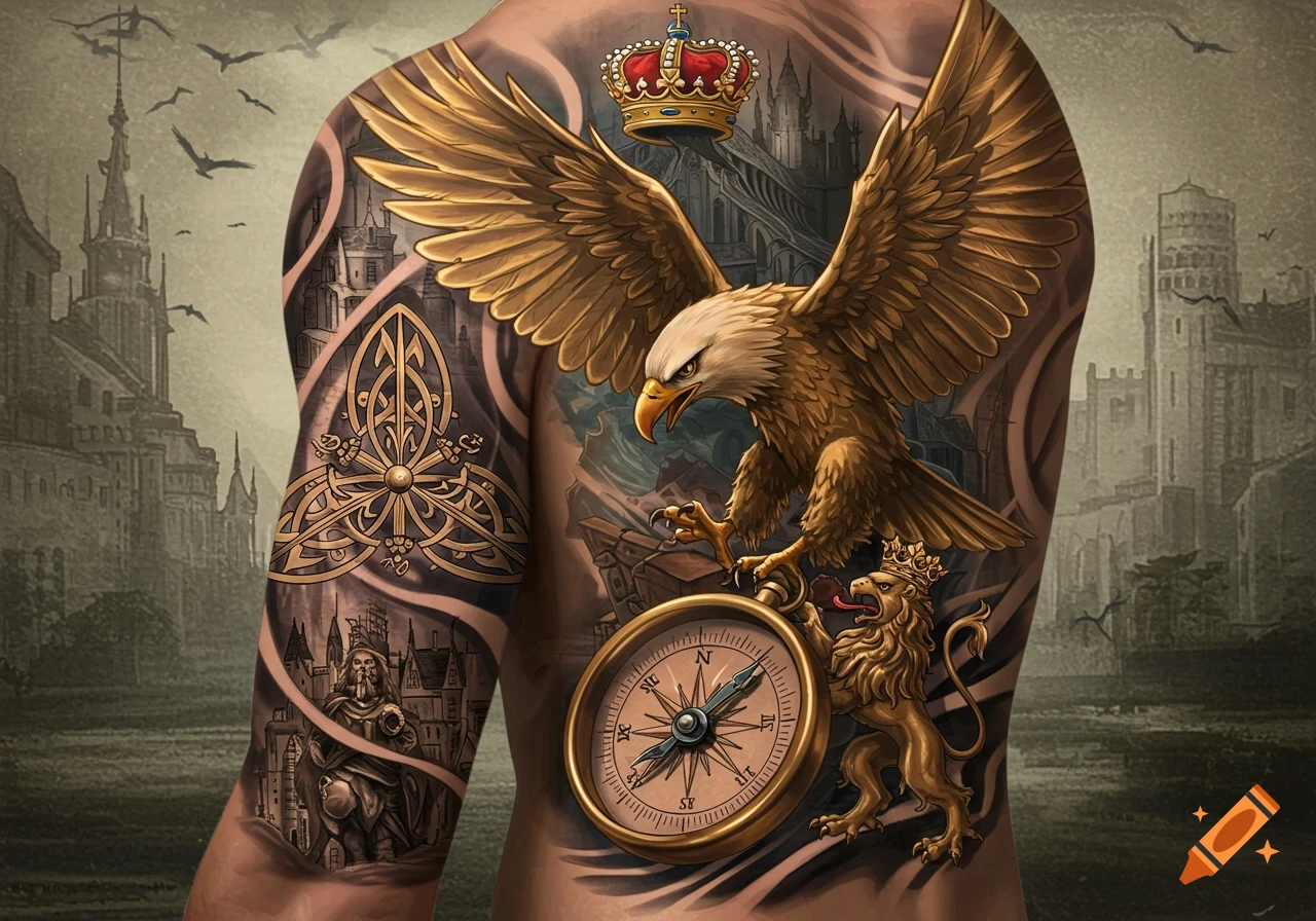 Tattoo half sleeve with trinity knot, compass, Dutch Republic lion, and golden eagle on Craiyon