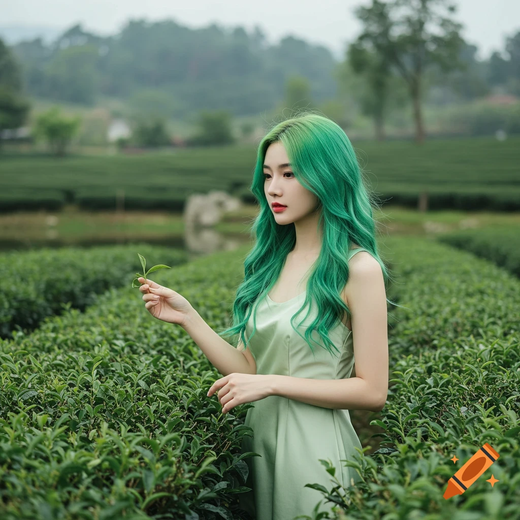 A woman with bright green hair holds a tea leaf in a tea garden. on Craiyon