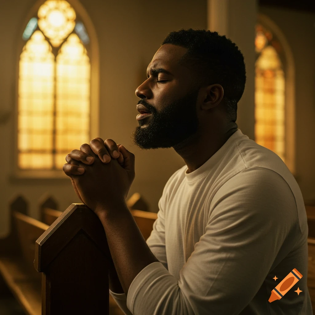 Man praying in a church pew with sunlight through stained glass on Craiyon
