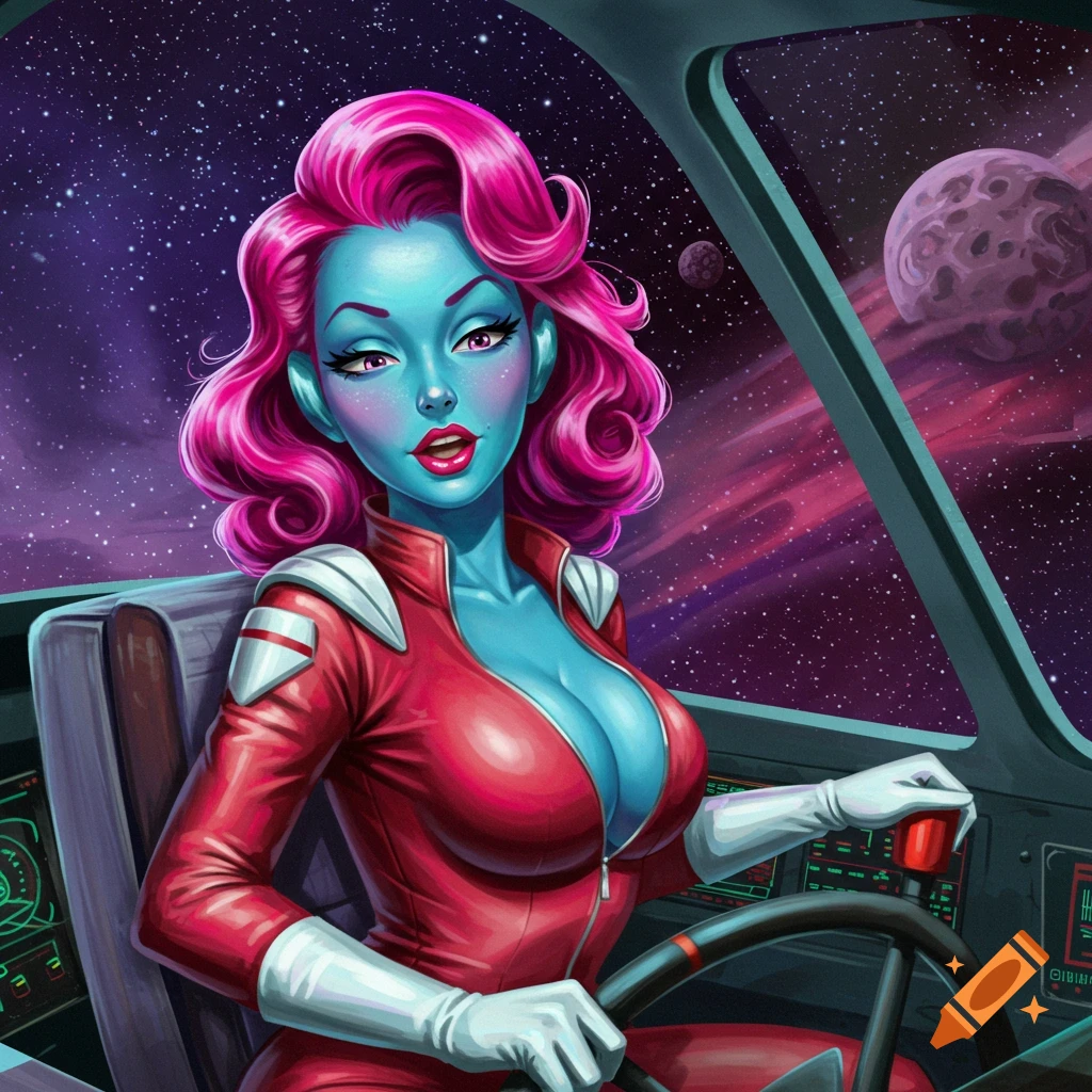 Pin-up style blue-skinned alien with pink hair piloting a spaceship through space. on Craiyon