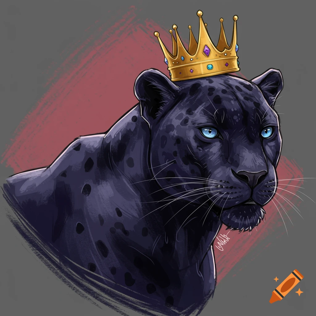 A black panther wearing a gold crown with jewels. on Craiyon