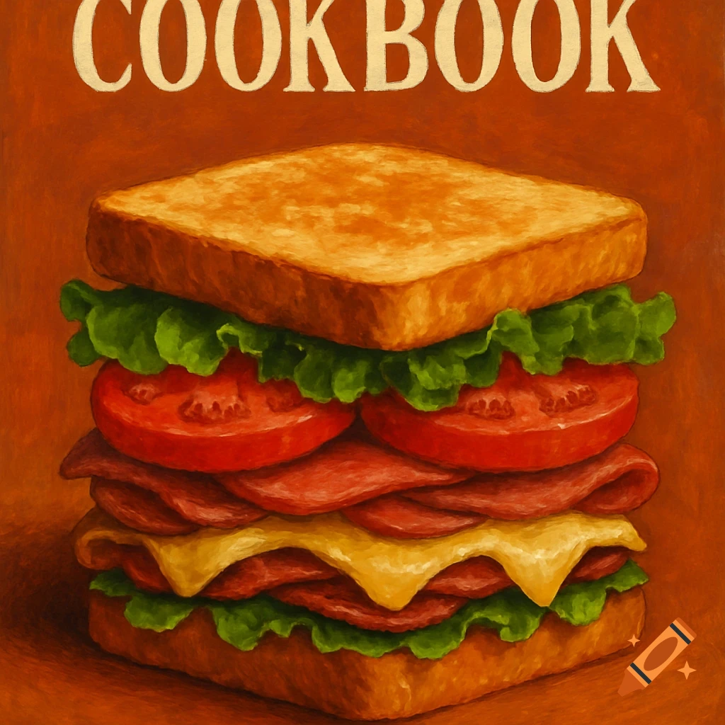 A multi-layer sandwich with 'COOKBOOK' text on Craiyon