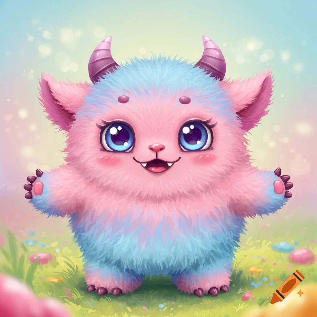 A cute fluffy pink and blue monster stands in a field. on Craiyon