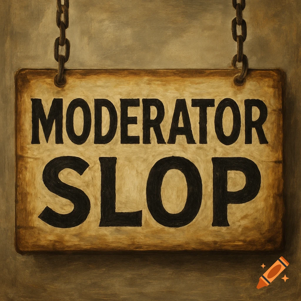 Sign saying "MODERATOR SLOP" on Craiyon