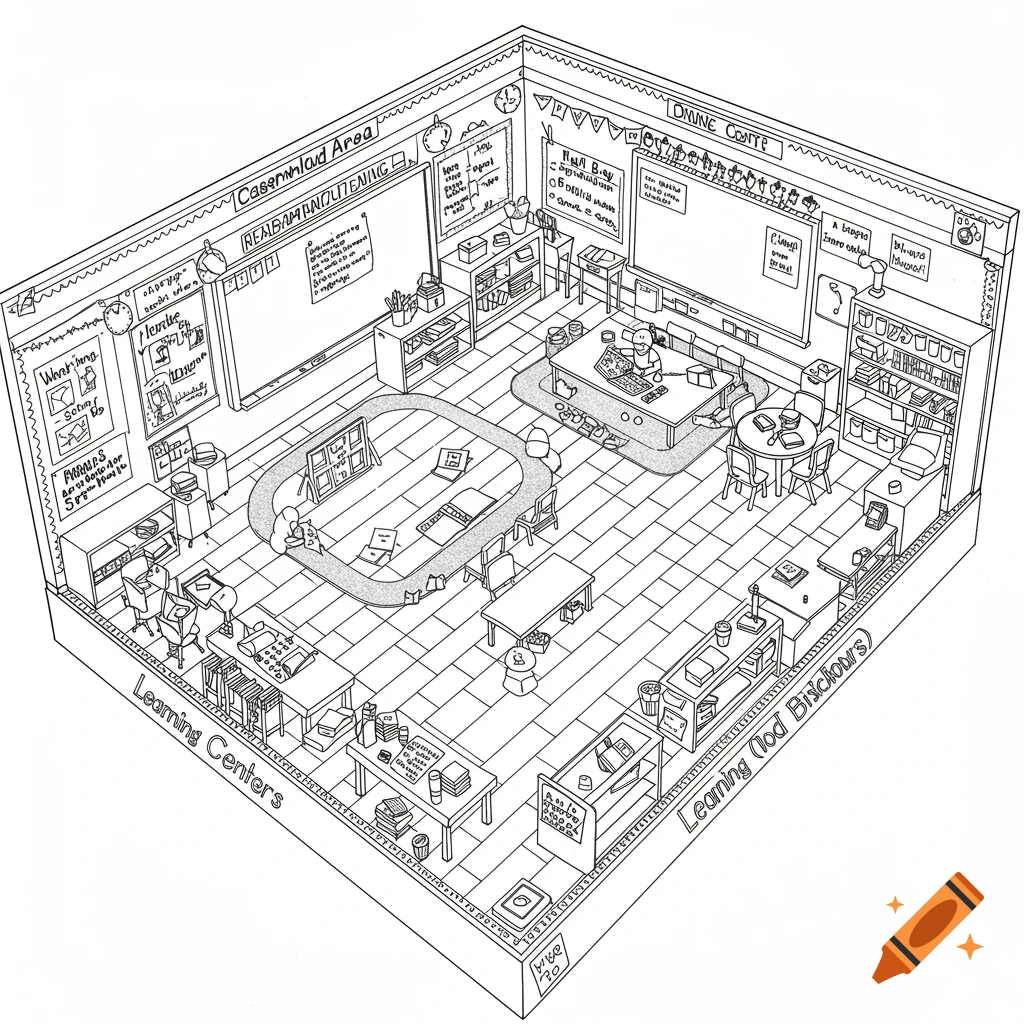 Black and white isometric diagram of a classroom layout showing ...