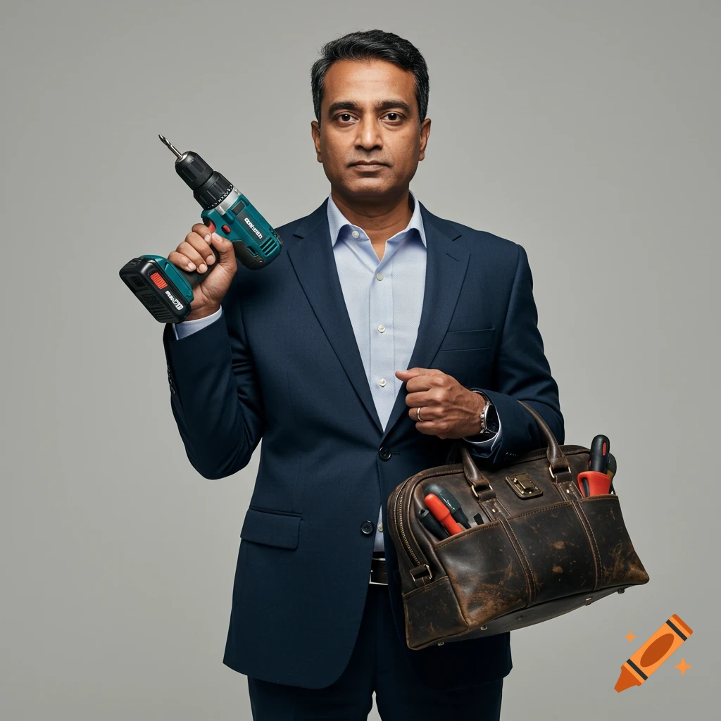 Businessman in a suit holding a power drill and a tool bag full of ...