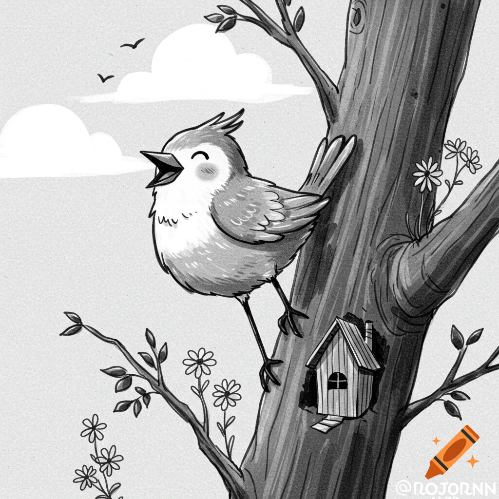Black and white illustration of a cartoon bird singing on a tree branch ...