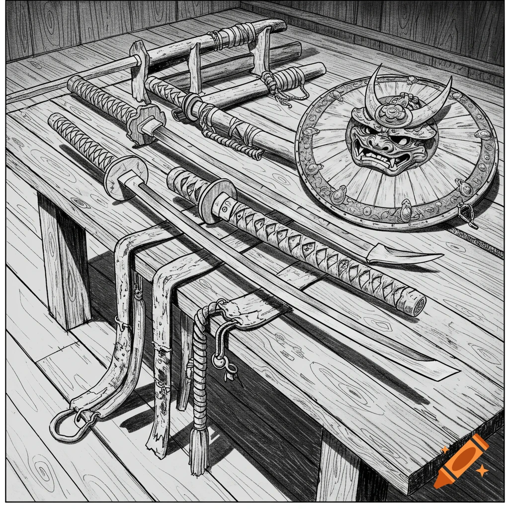 Black and white comic book style illustration of samurai swords and a ...