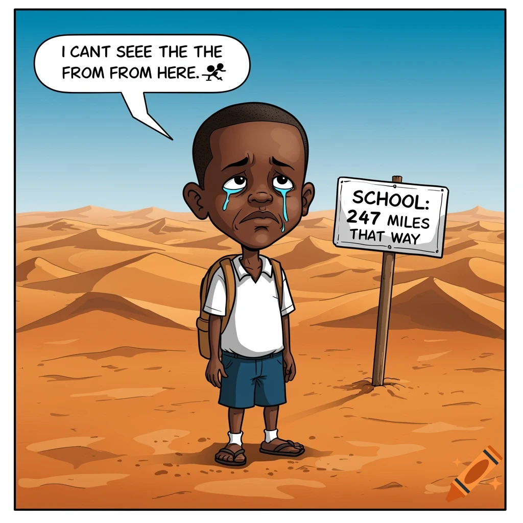Political cartoon of a sad student in Mozambique far from school. on Craiyon