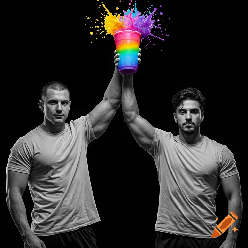 Two muscular men holding up a colorful smoothie on Craiyon