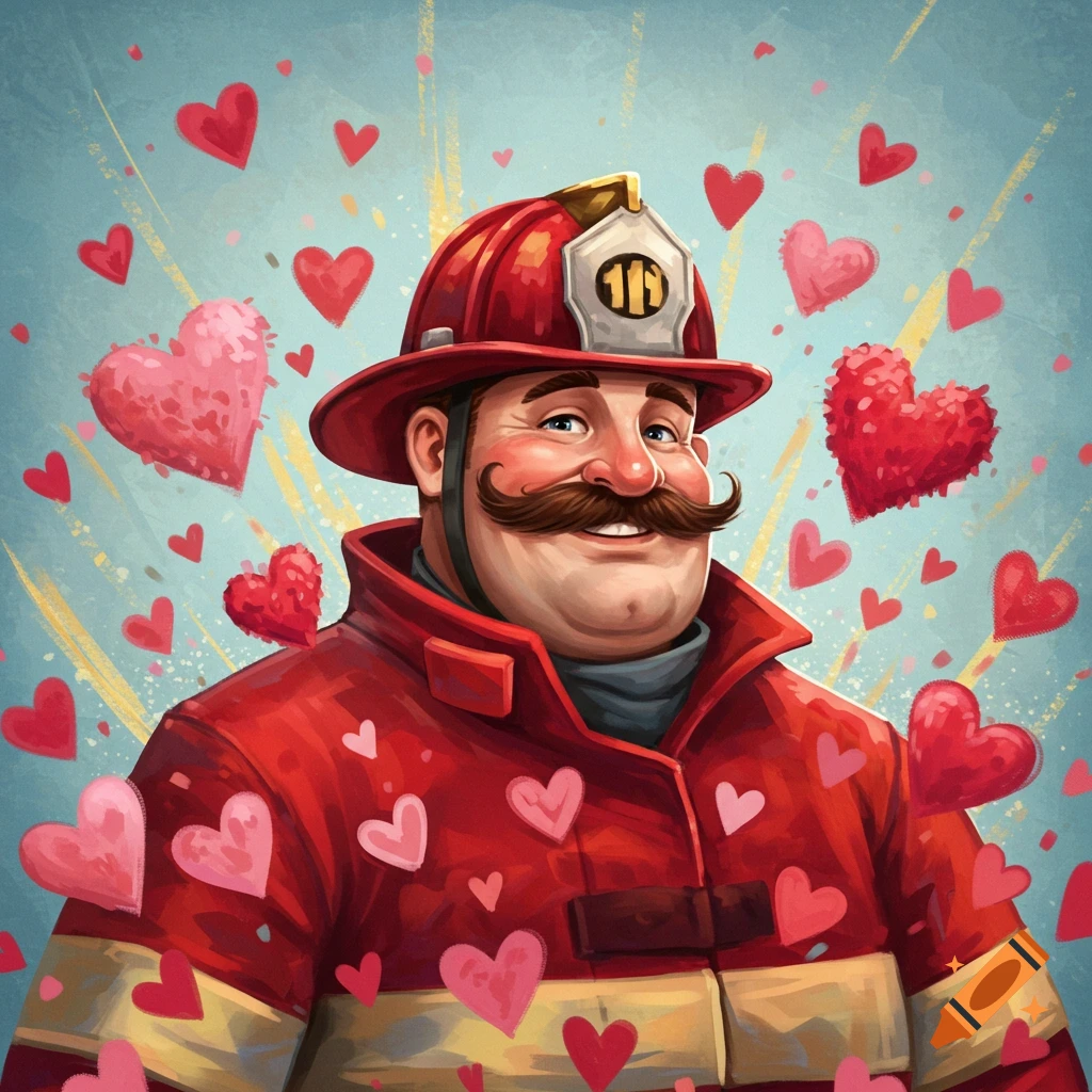 A smiling fireman with a mustache is surrounded by floating hearts. on ...
