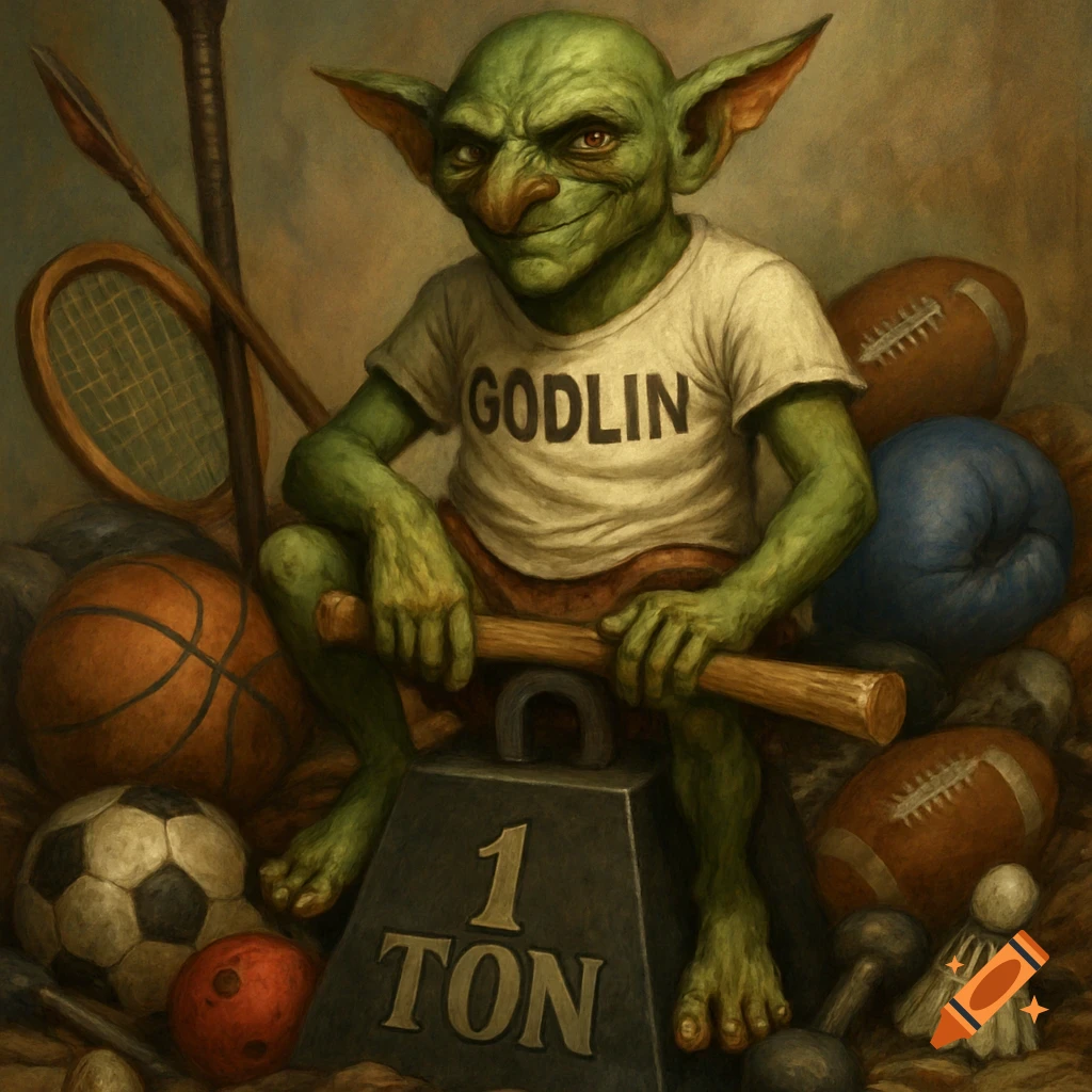 A goblin in a shirt sits on a weight surrounded by sports equipment on ...