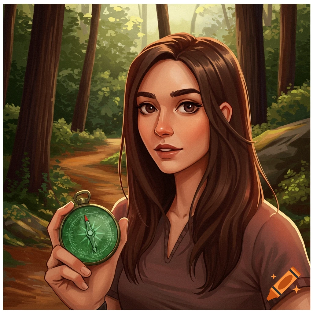 Woman hiking with jade compass in forest on Craiyon