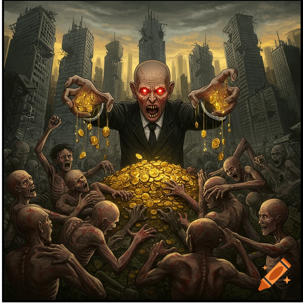 Grotesque man throws gold at zombie-like figures in a ruined city ...