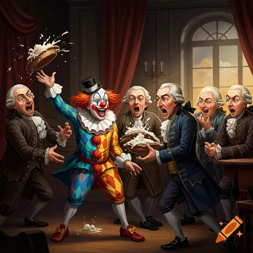 Clown throwing pie at rich, haughty people on Craiyon