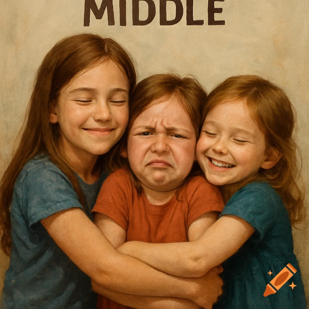 Three young sisters hug, two smiling and one uncomfortable, with the ...
