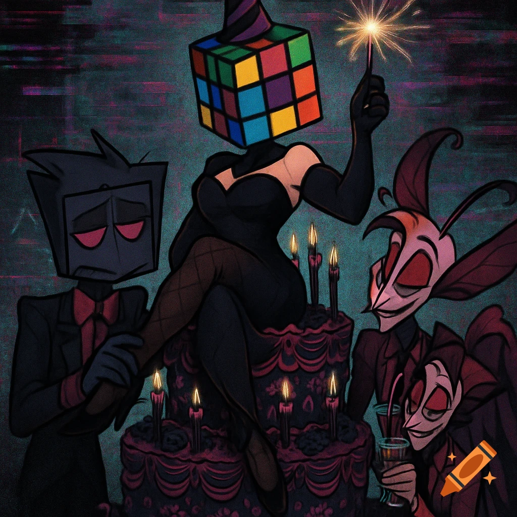 Stylized cartoon art of a character with a Rubik's Cube head sitting on a tiered cake with ...