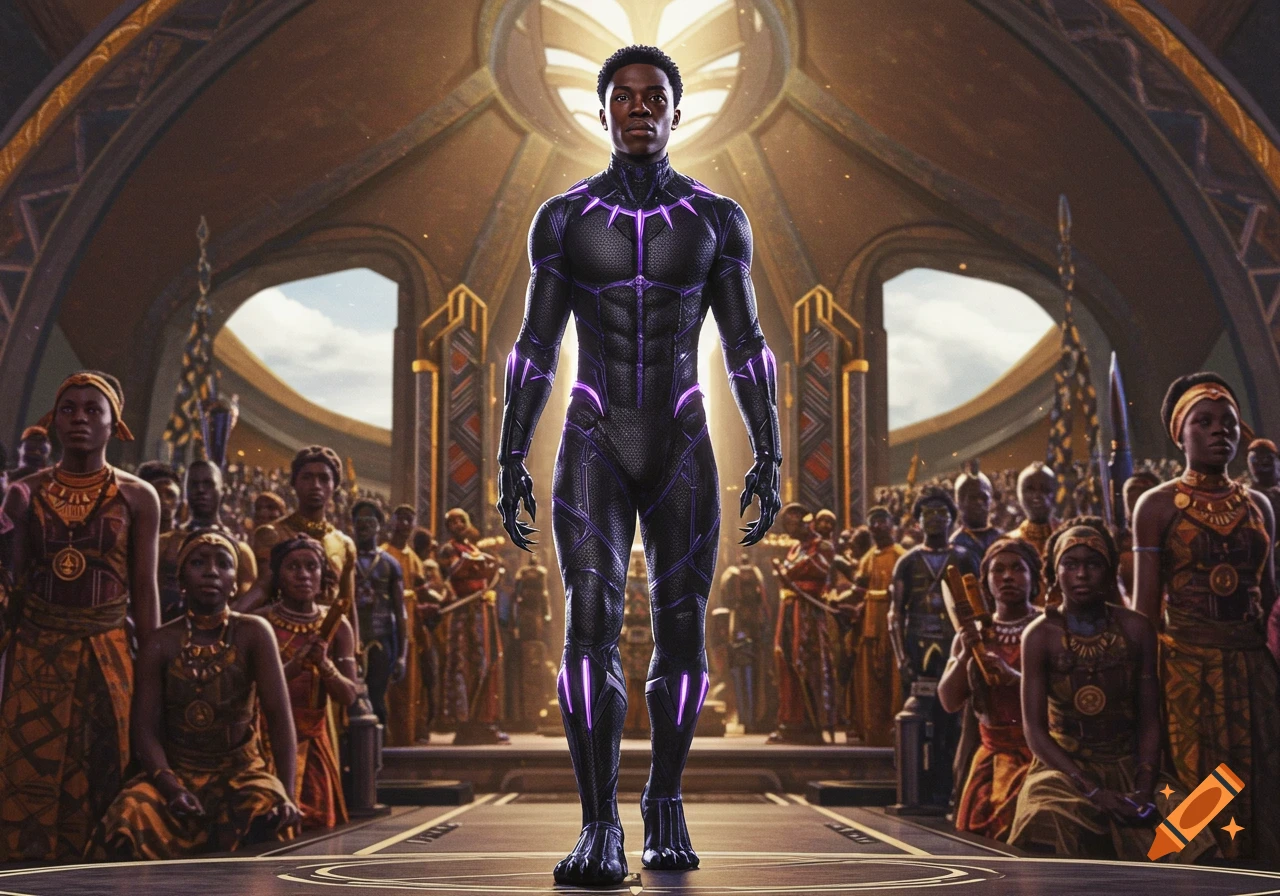 Futuristic African coronation with young king in black panther suit ...