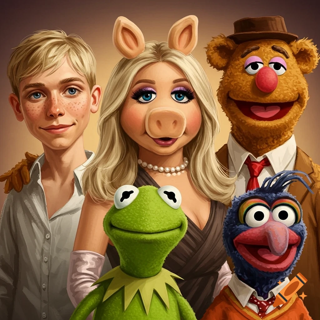 Miss Piggy and a boy pose for a photo. on Craiyon