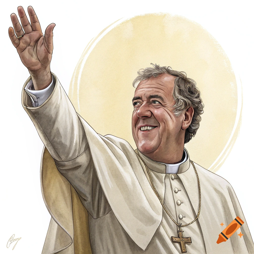 Illustration of Jeremy Clarkson dressed as a Pope, smiling and waving ...