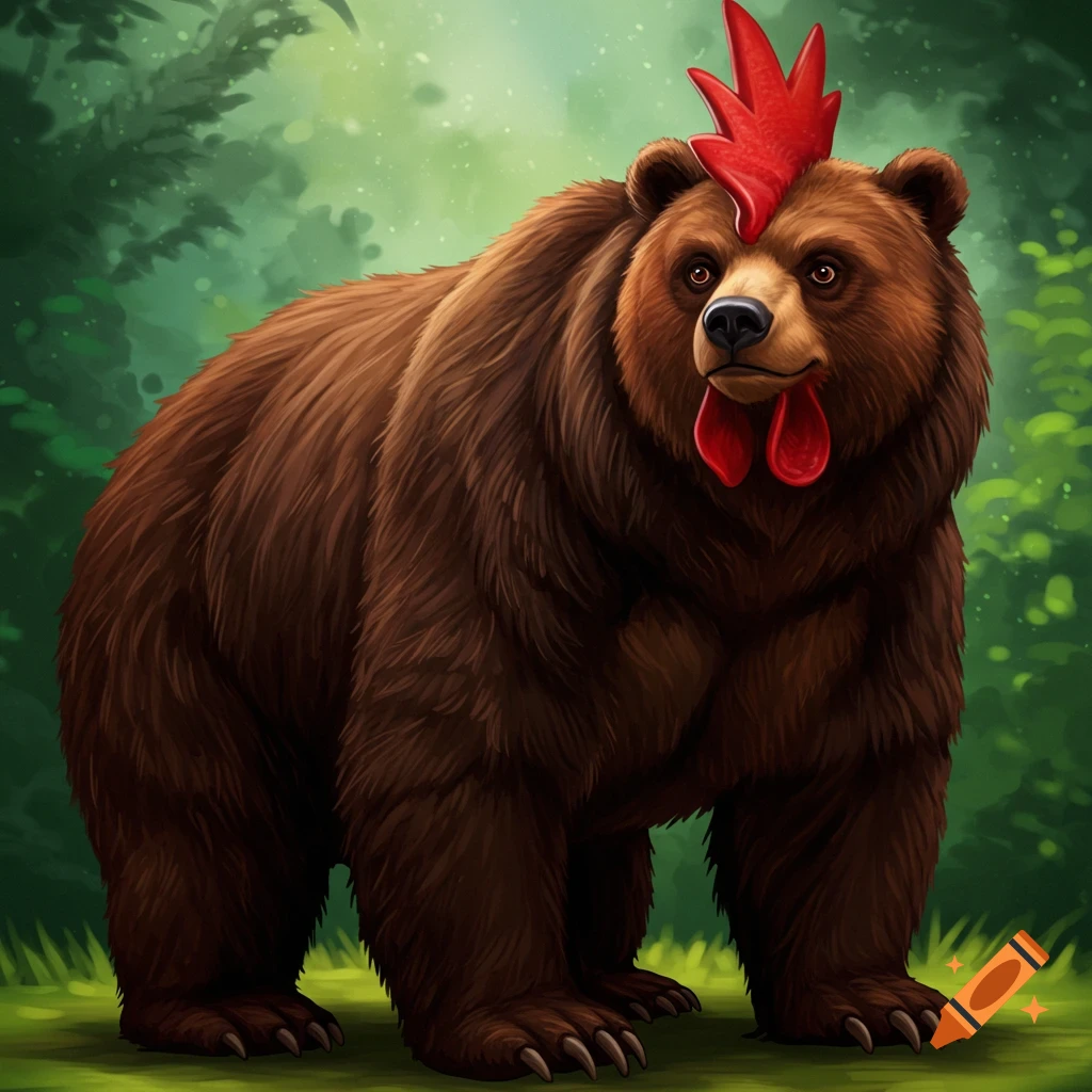 A brown bear with a red chicken comb and wattle stands in a forest. on ...