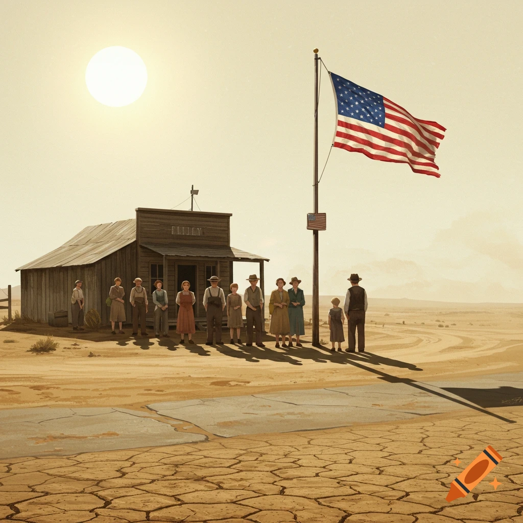 People are standing outside a building under an American flag in a ...