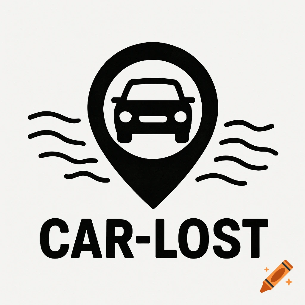 Black and white logo with a car icon inside a map pin above text ...