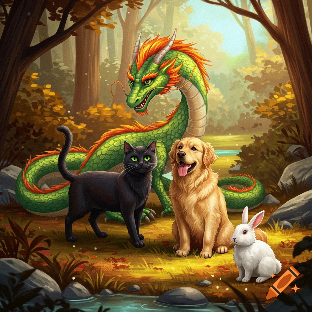 A dragon, cat, dog, and rabbit stand together in a forest clearing. on ...