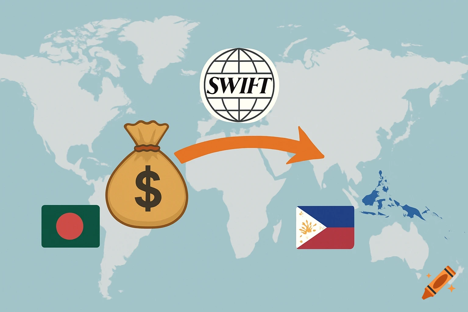 Money bag with arrows to different countries and SWIFT logo on Craiyon