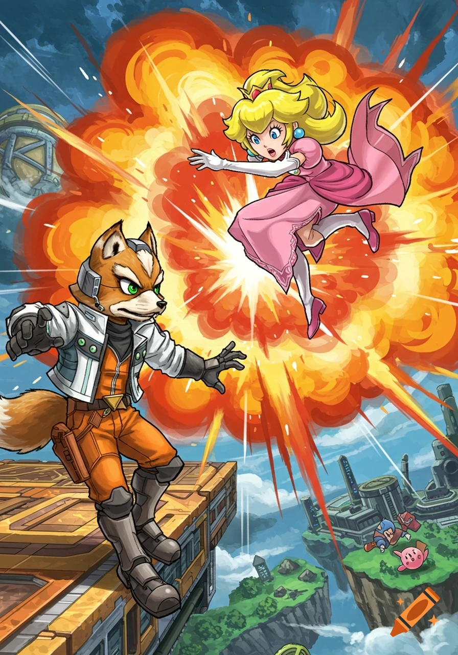 Fox McCloud and Princess Peach fight near a large explosion on a ...