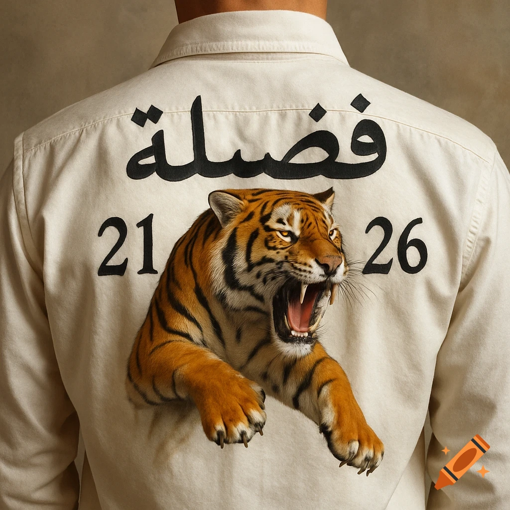 Back of a person wearing a shirt with a realistic tiger and Arabic text ...