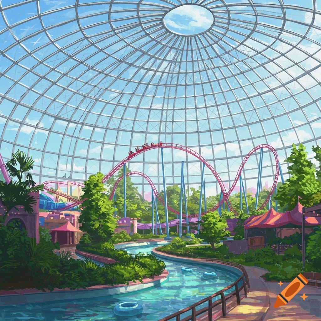 Amusement park under a dome with lazy river and roller coaster on Craiyon