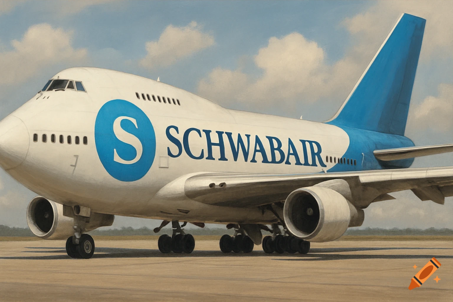 A blue and white Boeing 747 airplane flies high in a clear blue sky ...