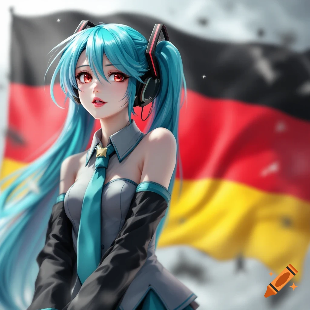 Anime illustration of Hatsune Miku posing in front of a German flag. on ...
