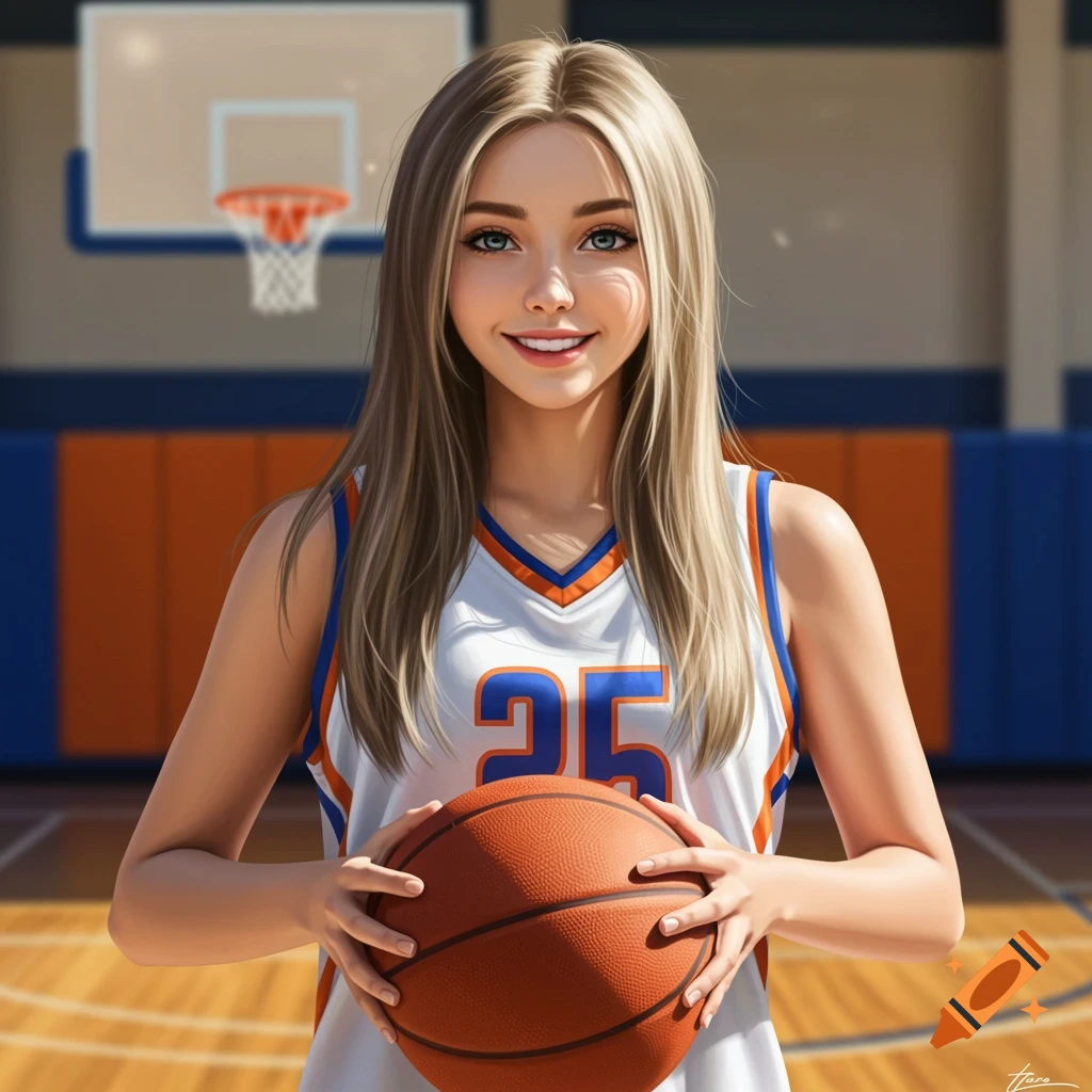 Girl holding a basketball wearing a number 25 jersey on Craiyon