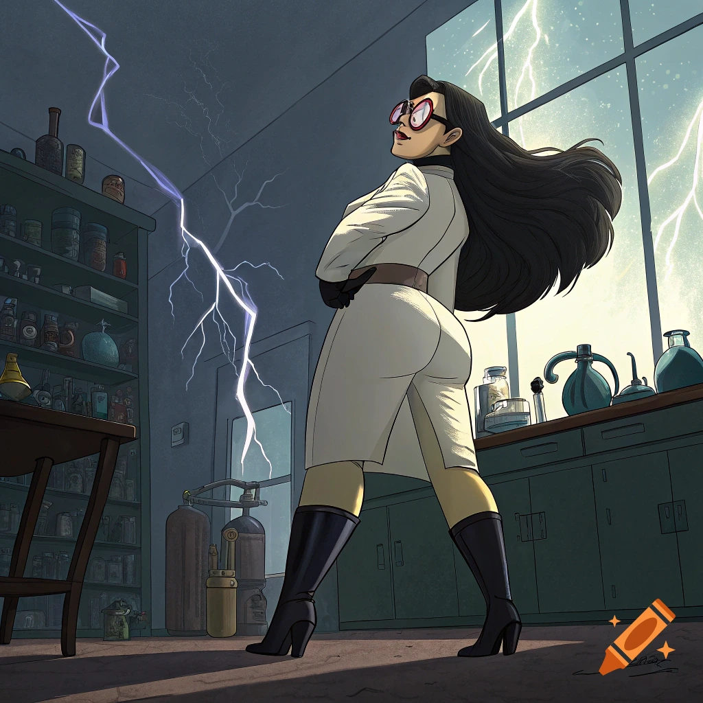 Pixar-style female mad scientist with wide hips in laboratory on Craiyon