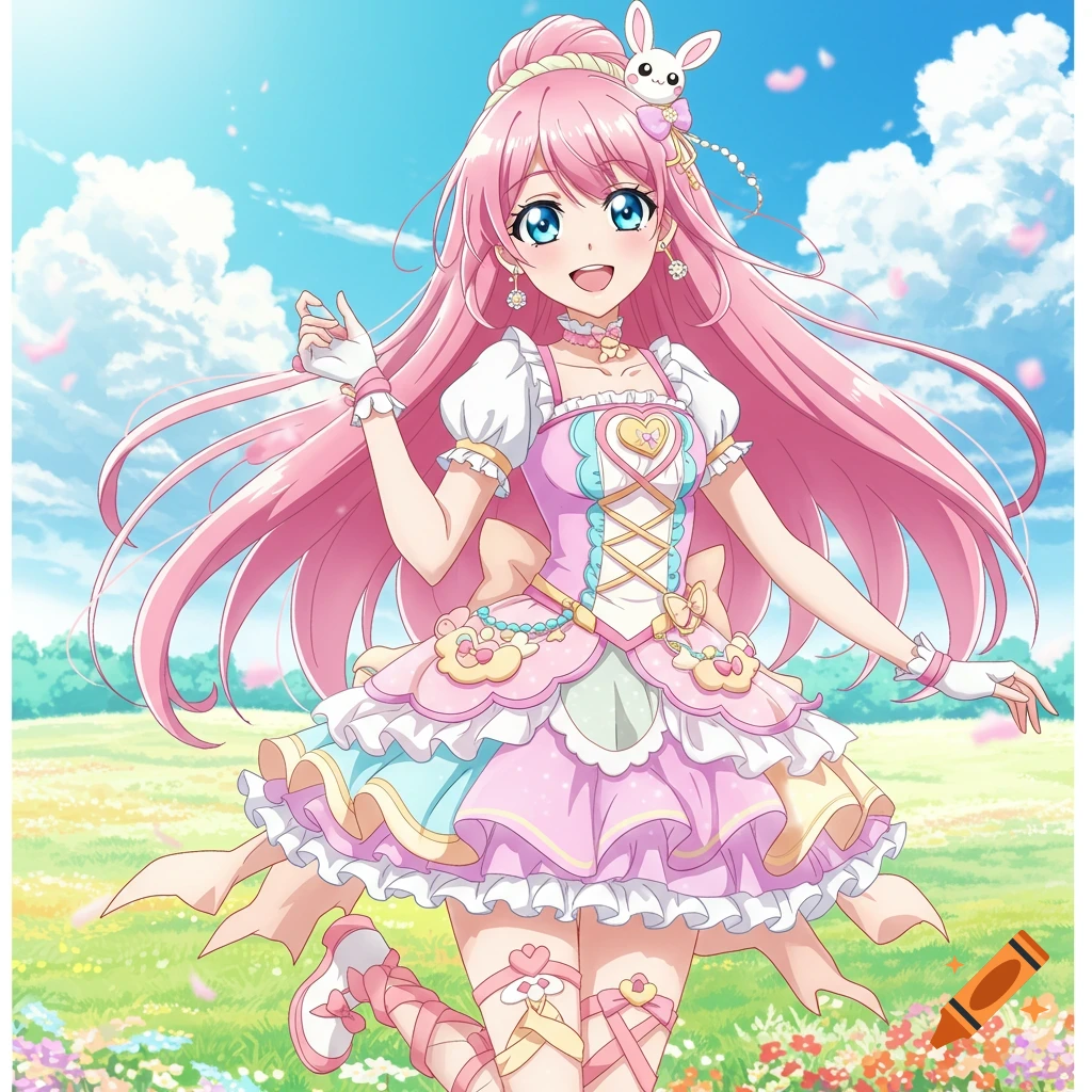 Anime girl with long pink hair and a frilly pink dress stands in a ...