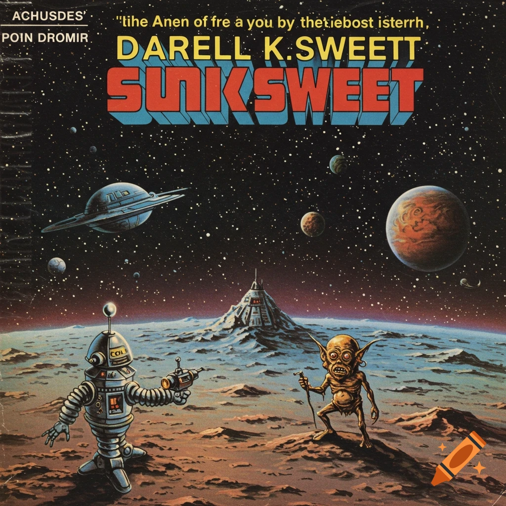 Worn 80s science fiction paperback cover in the style of Darrell K ...