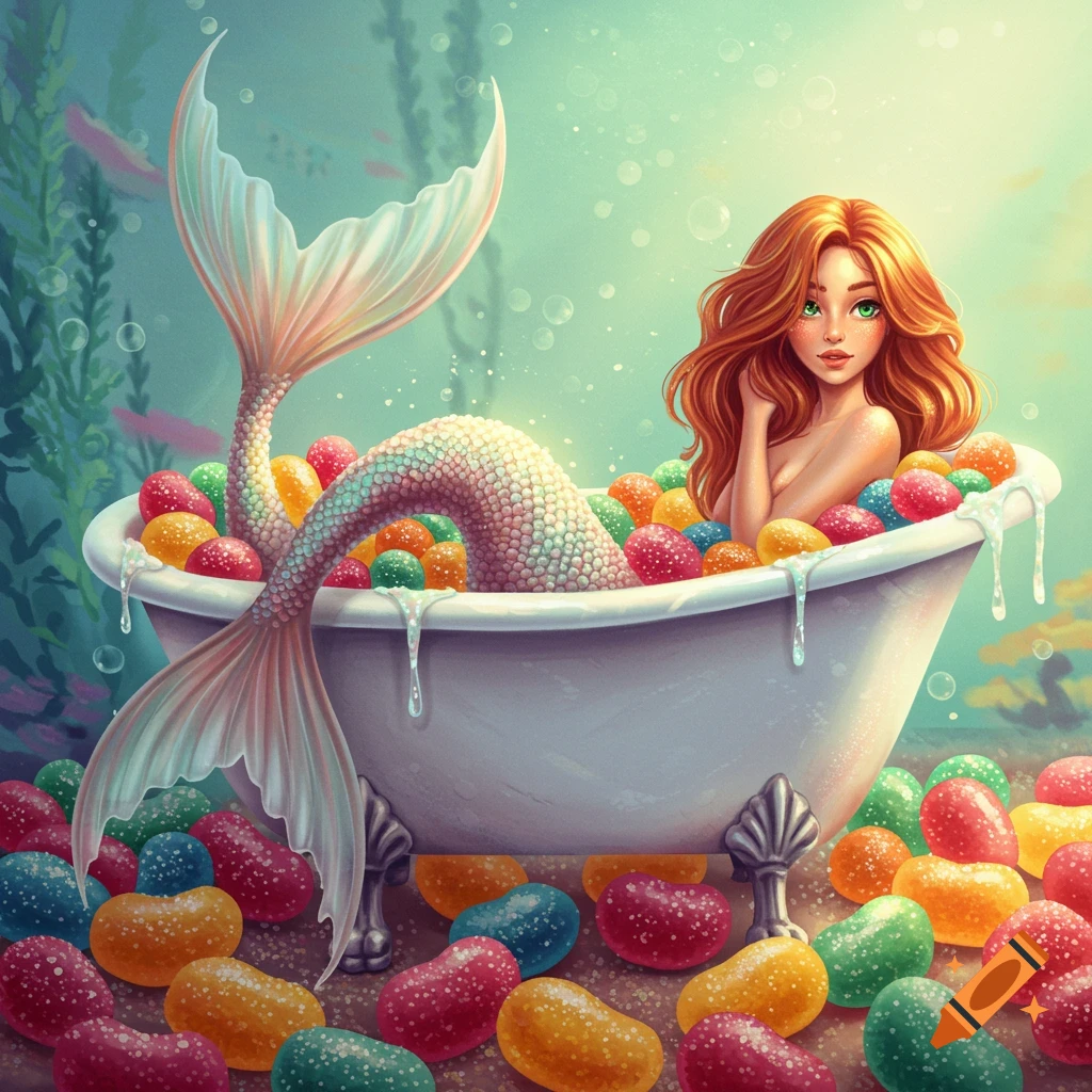 Mermaid in a bathtub full of jelly beans on Craiyon