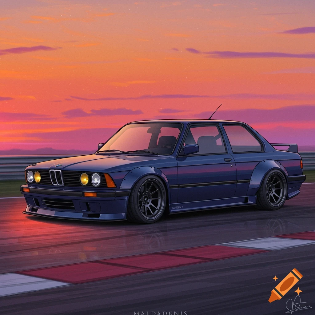 Blue modified BMW E21/E30 on a track at sunset. on Craiyon