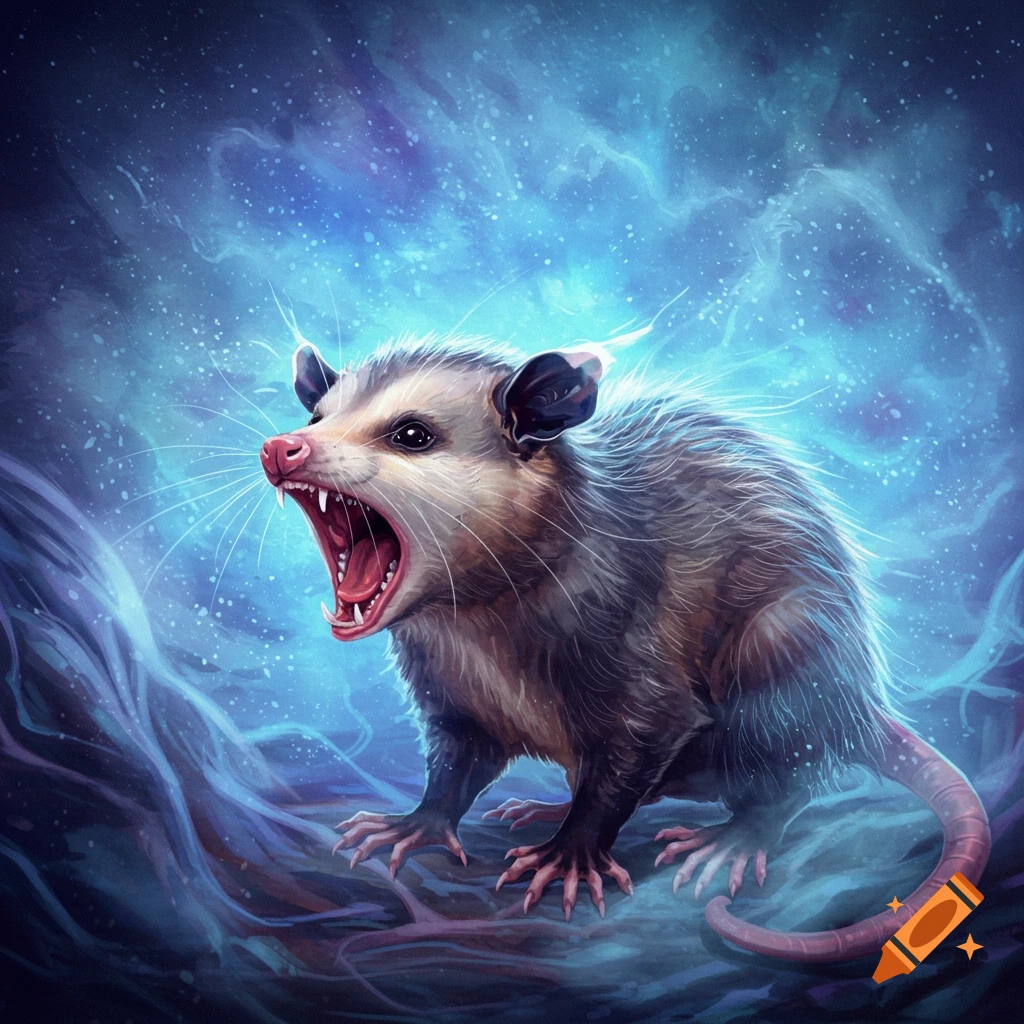 A possum screaming in a blue ethereal background. on Craiyon