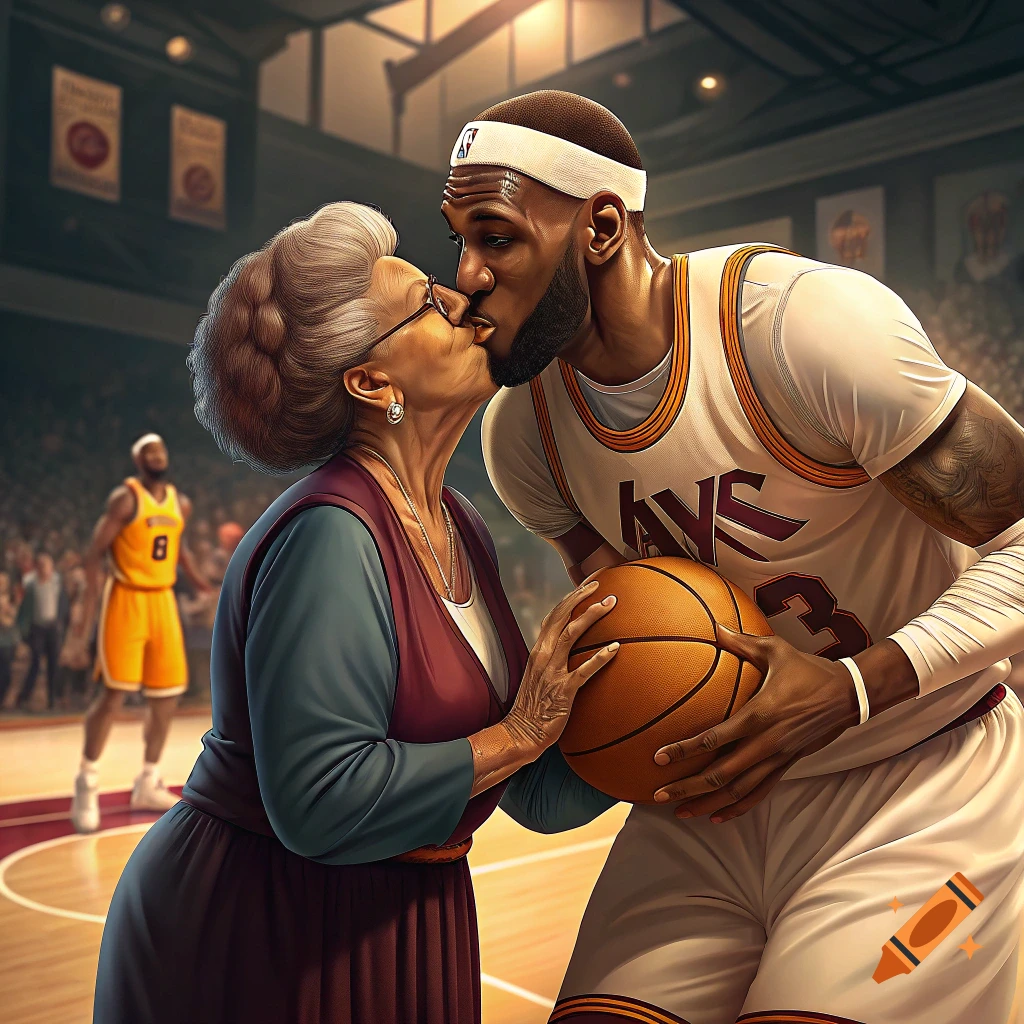 Grandma kissing LeBron James during a basketball game on Craiyon