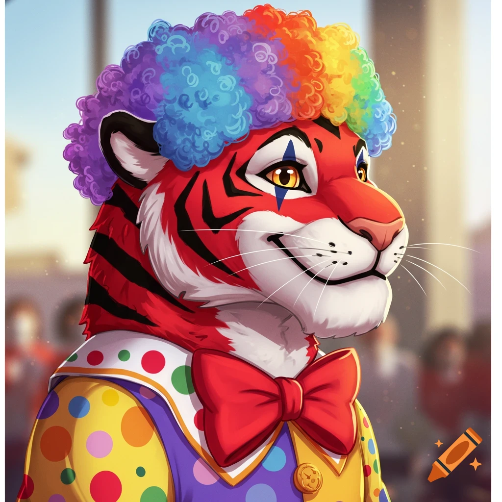 Cartoon tiger wearing a clown suit and rainbow wig. on Craiyon
